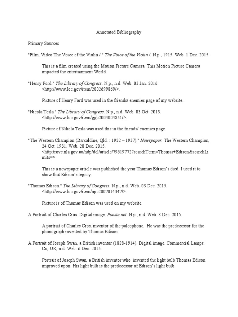 Annotated Bibliography Thomas Edison | PDF | Thomas Edison | Nikola Tesla