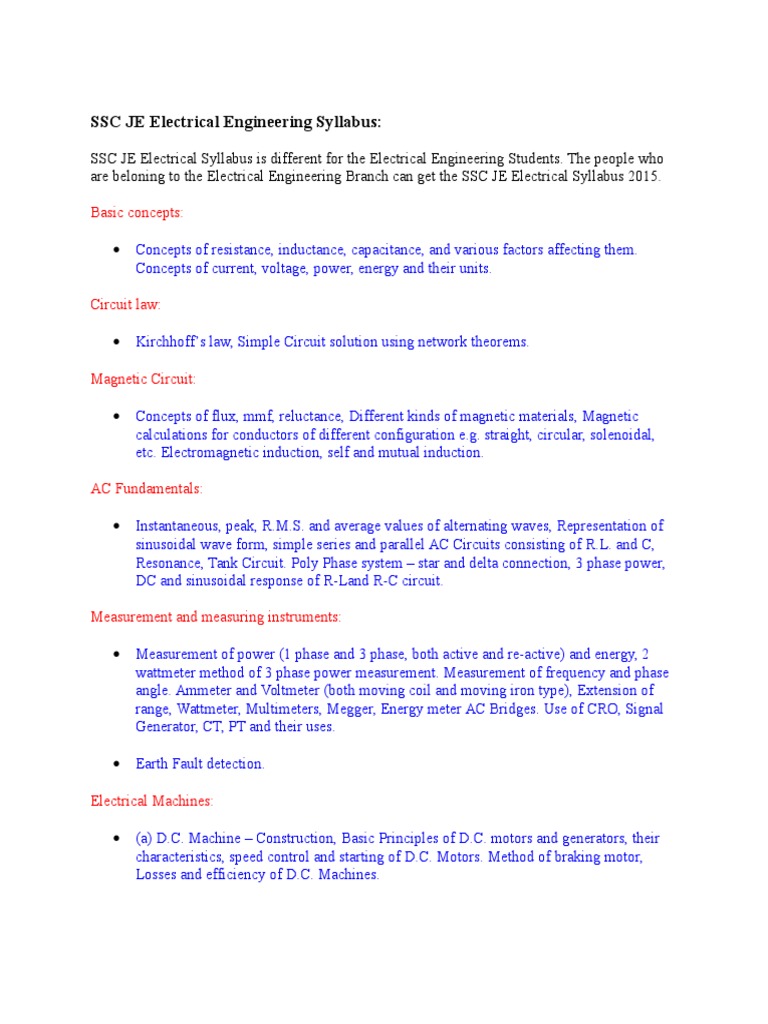 SSC JE Electrical Engineering Syllabus | PDF | Electric Motor | Transformer