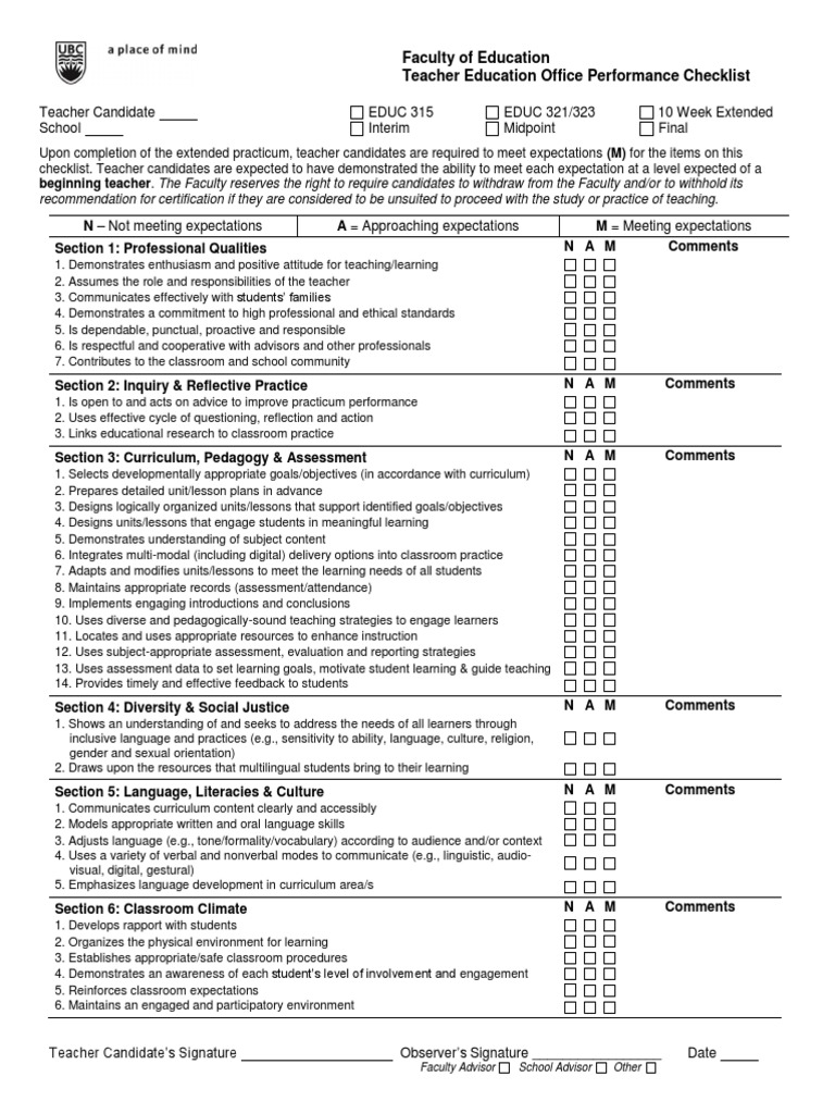 Teacher Education Practicum Checklist | PDF | Educational Assessment ...