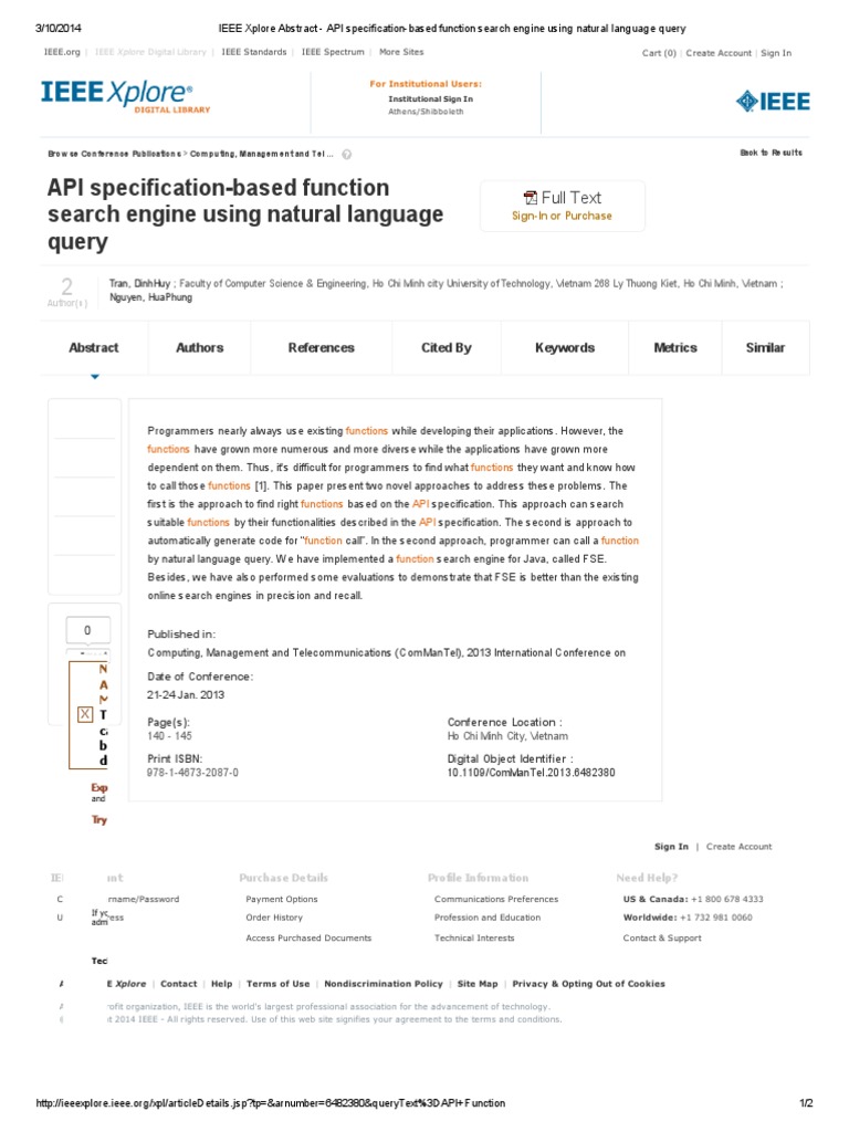 IEEE Xplore Abstract - API Specification-Based Function Search Engine Using Natural Language ...
