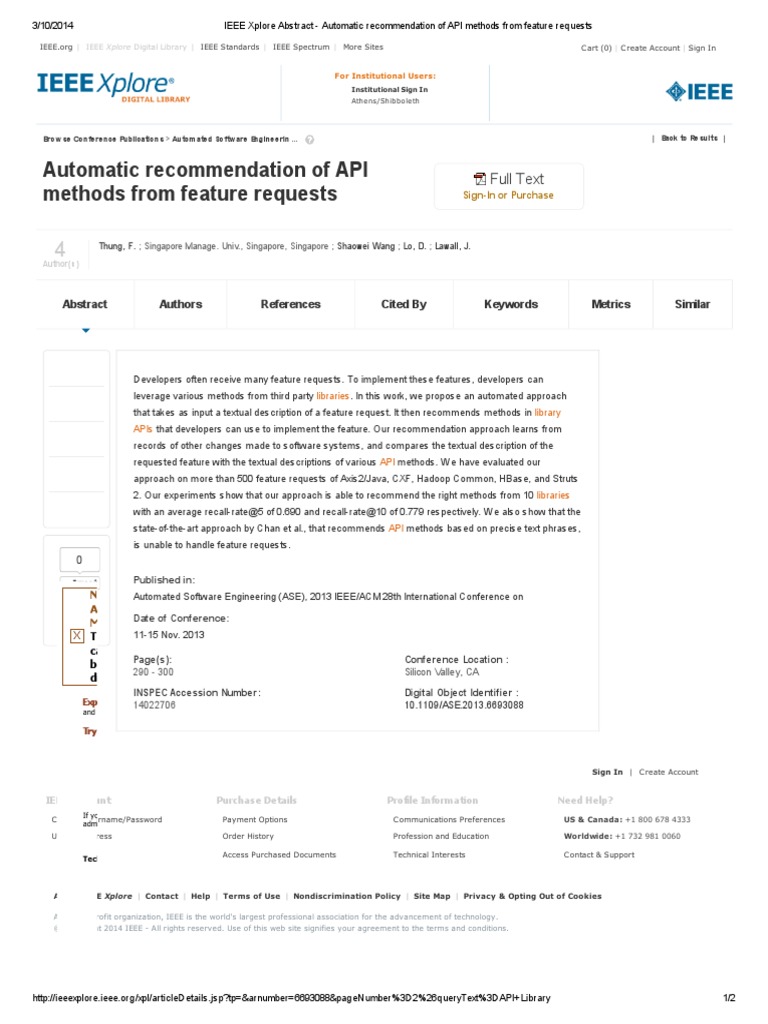 IEEE Xplore Abstract - Automatic Recommendation of API Methods From Feature Requests | PDF ...