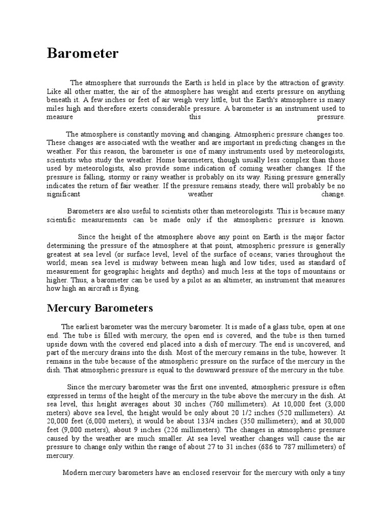 Barometer: Mercury Barometers | PDF | Atmospheric Pressure | Pressure