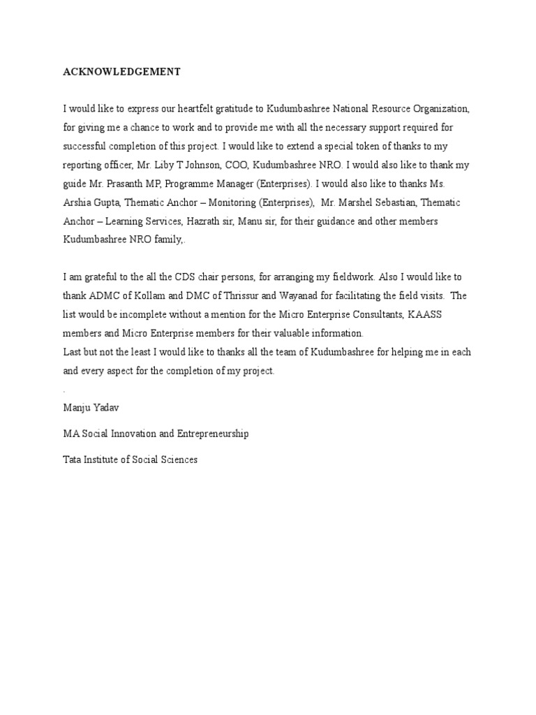 Acknowledgement | PDF | Entrepreneurship | Small Business