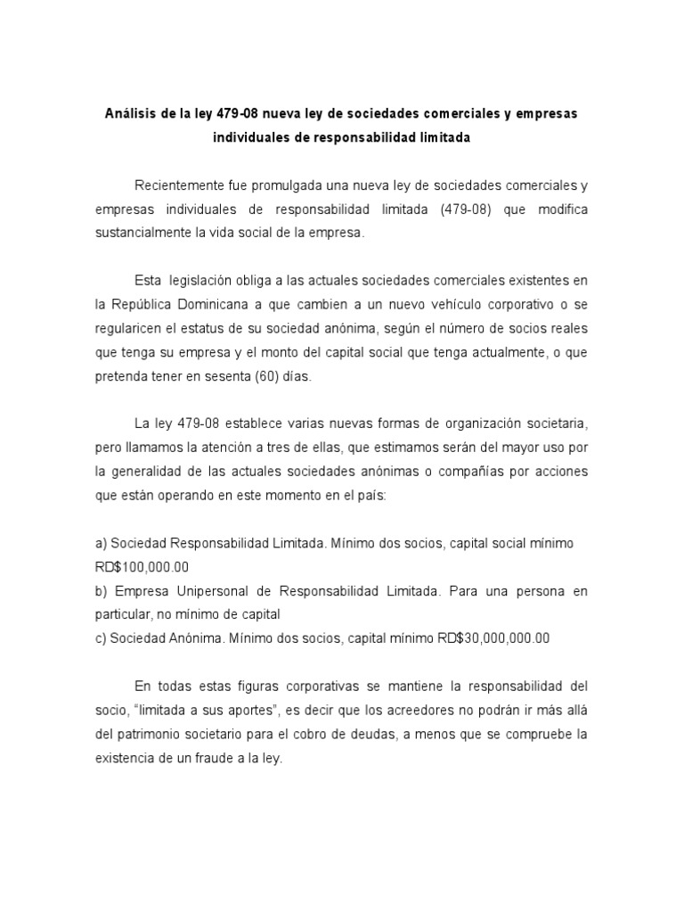 Análisis de la Ley 479-08 de Sociedades | PDF | Compañía de ...