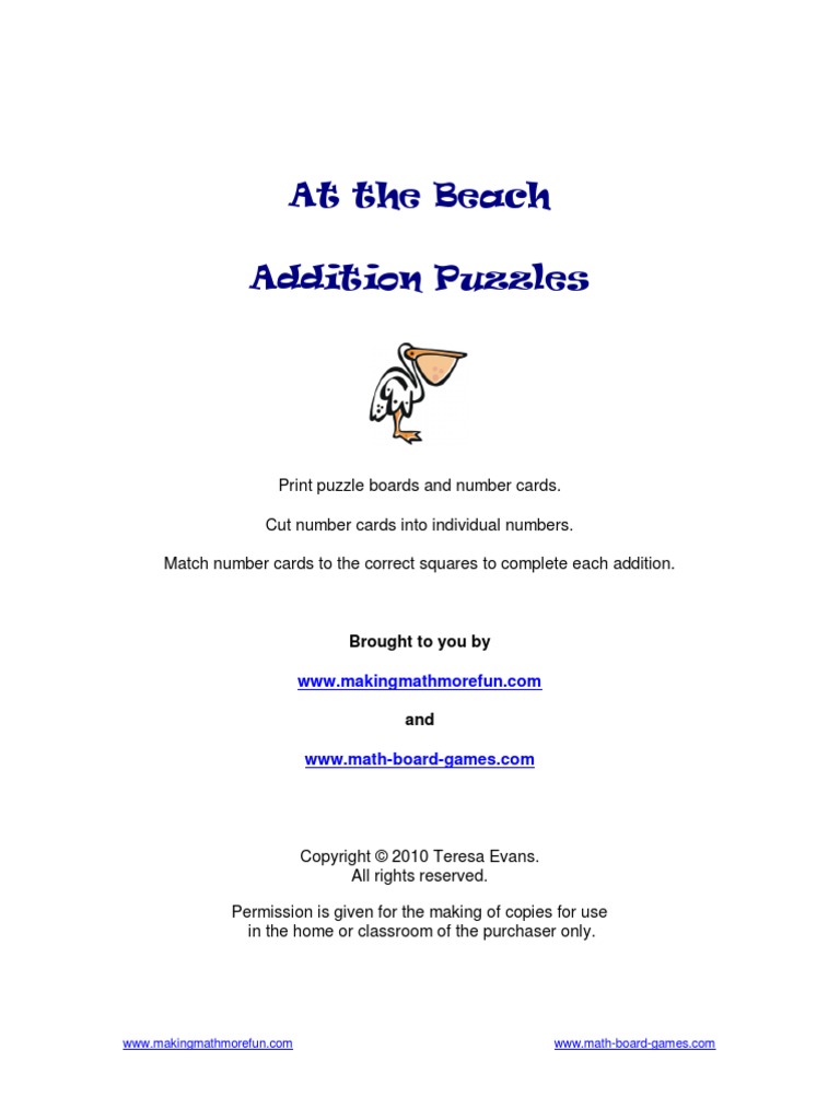 At The Beach Addition Puzzles | PDF