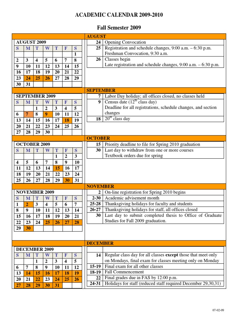 ACADEMIC CALENDAR 2009-2010 Fall Semester 2009: S M T W T F S | PDF ...