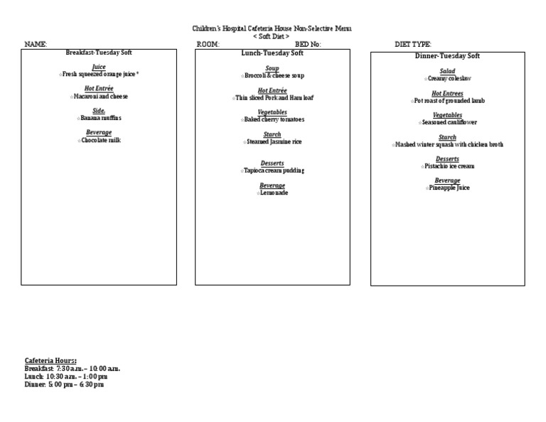 Children's Hospital Soft Menu | PDF