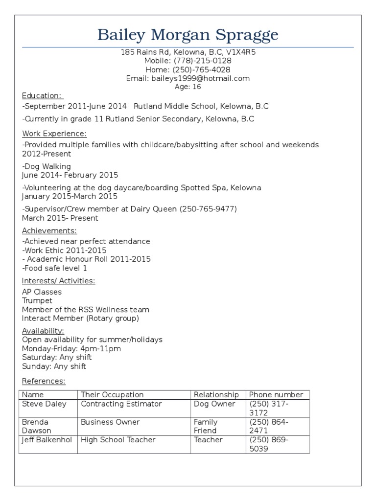 Teen Resume: Bailey Morgan Spragge | PDF