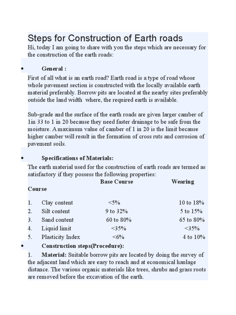 Steps For Construction of Earth Roads | PDF | Soil | Road