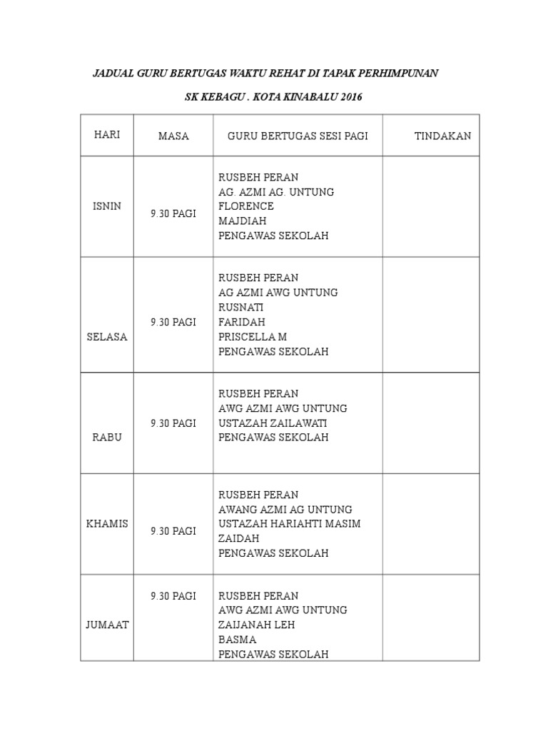 Jadual Guru Bertugas Waktu Rehat Di Tapak Perhimpunan | PDF