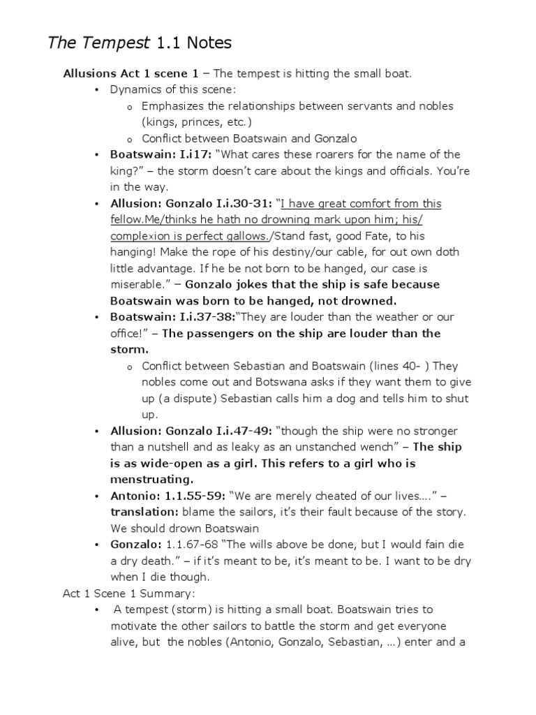 The Tempest Act 1 Summary & Notes | PDF | The Tempest | Religion And Belief