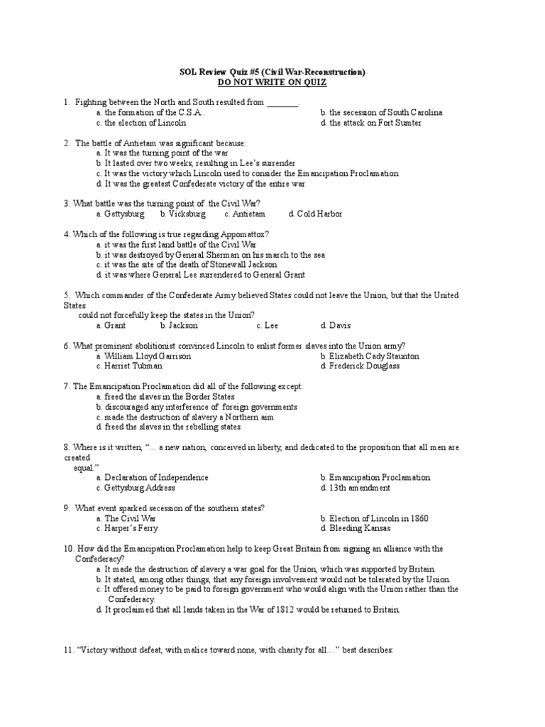 Civil War & Reconstruction Quiz | PDF | Reconstruction Era | Abraham ...