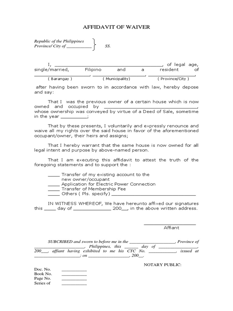 Affidavit of Waiver - Members New | PDF | Affidavit | Notary Public