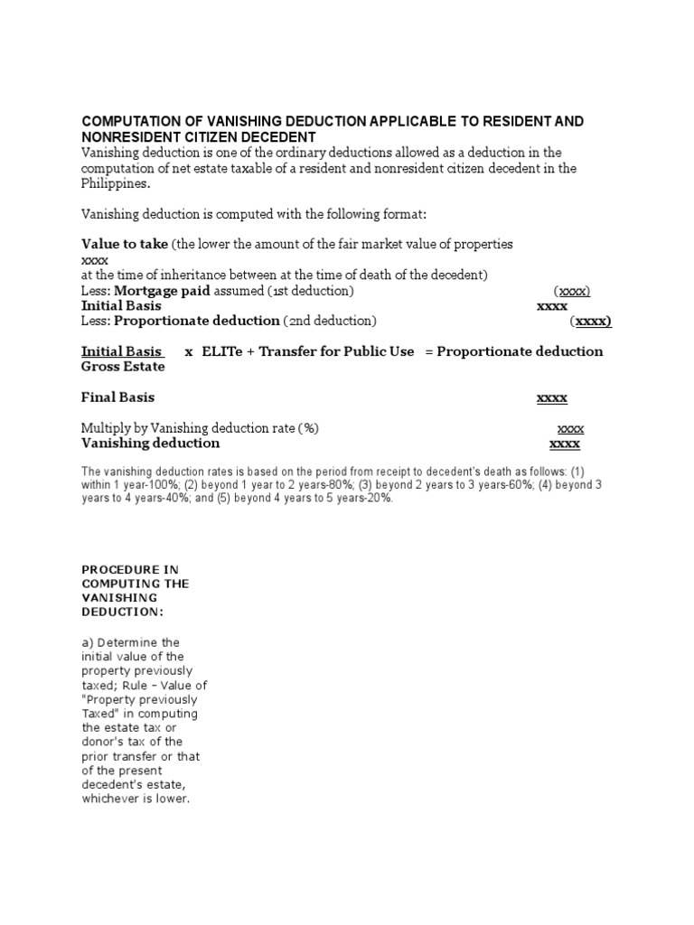 Procedure in Computing Vanishing Deduction | PDF | Estate Tax In The ...