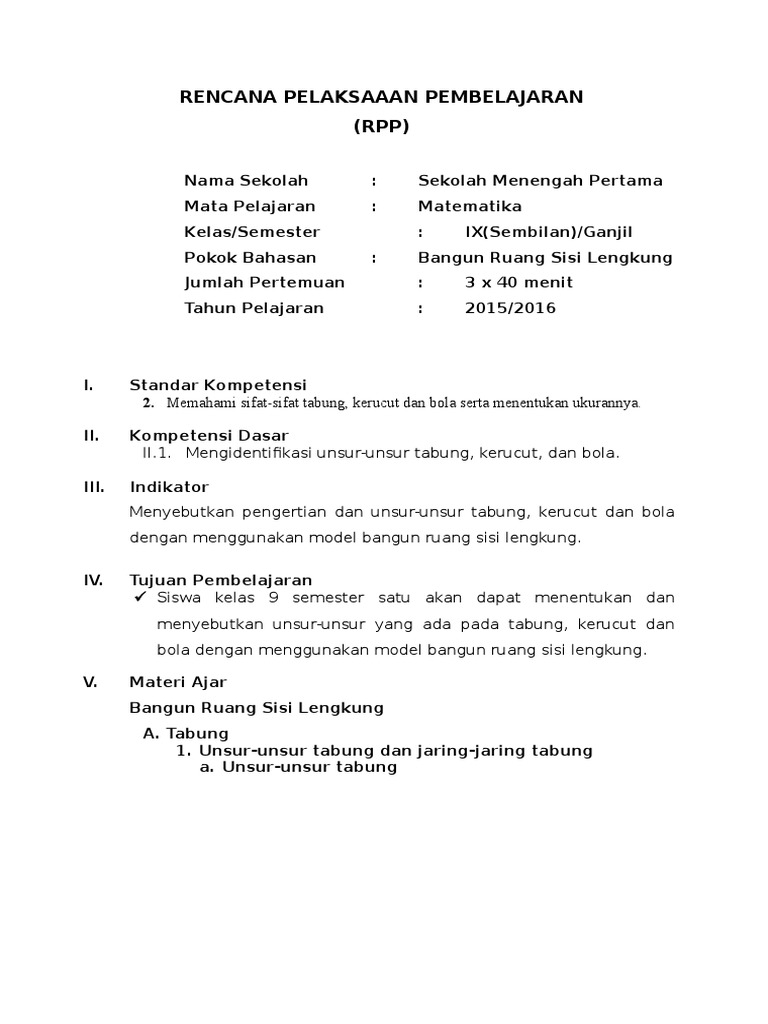 RPP KD 2.1 (Bangun Ruang Sisi Lengkung - Unsur-Unsur) | PDF | Kajian ...