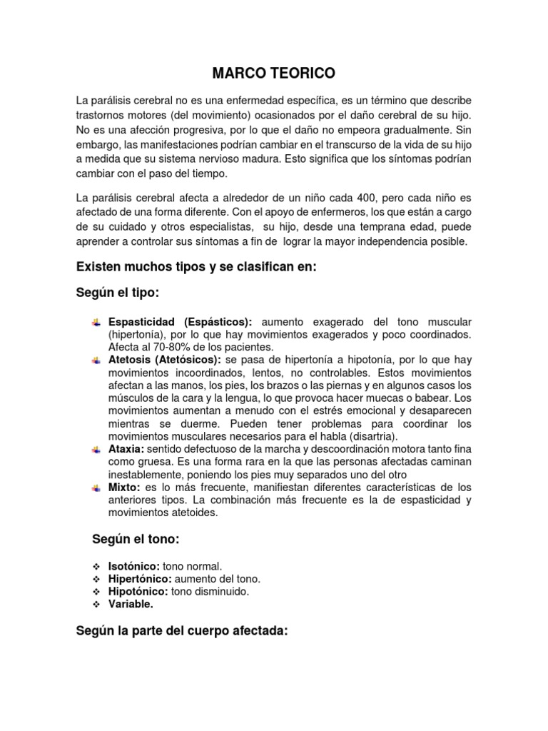 Marco Teorico Paralisis Cerebral | PDF | Parálisis cerebral | Cerebro