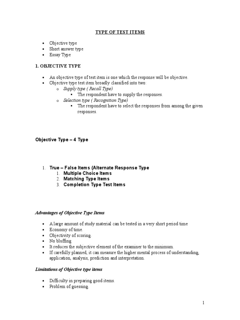 Type of Test Items | PDF | Test (Assessment) | Neuropsychological ...