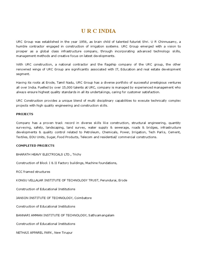 A Profile Of Urc Group An Indian Infrastructure Company Focused On