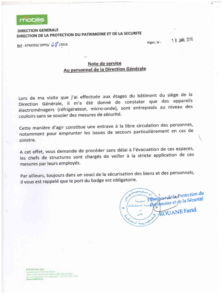 Note de Service Au Personnel de La Direction Générale | PDF