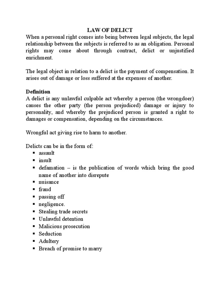 Law of Delict | PDF | Negligence | Legal Concepts