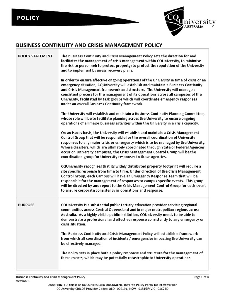 Business Continuity and Crisis Management Policy | PDF | Crisis ...