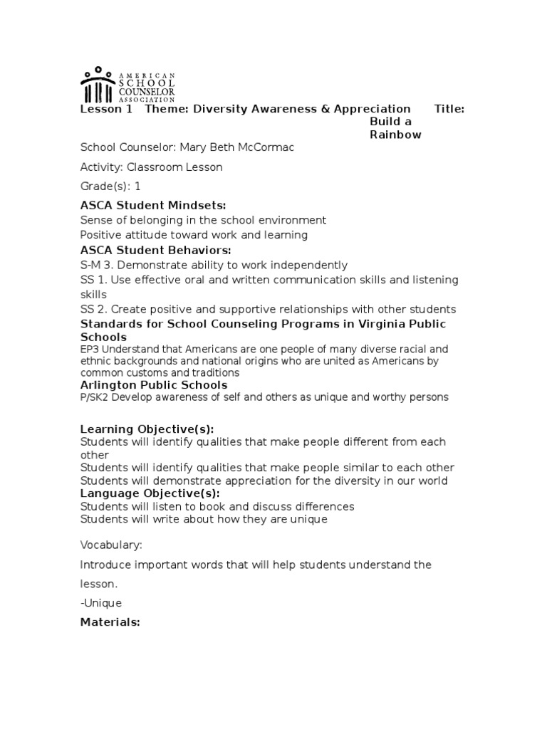 Diversity Awareness Grade 1-Build A Rainbow | PDF | School Counselor ...