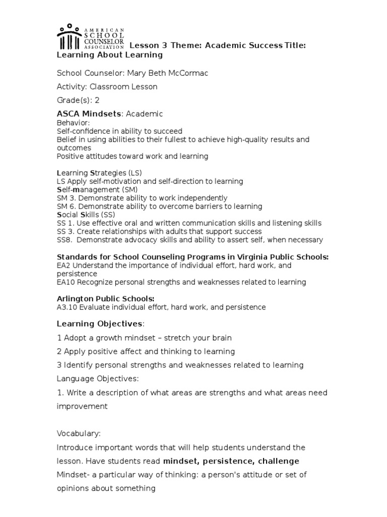 Academic Success Grade 2 Lesson Plan | Download Free PDF | School ...