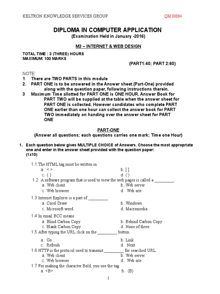 Diploma in Computer Application: Total Time: 3 (Three) Hours Maximum ...