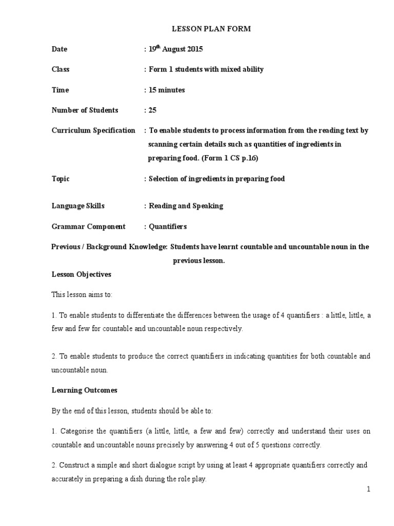 Plan student lesson quantifiers | PDF | Curry | Reading (Process)