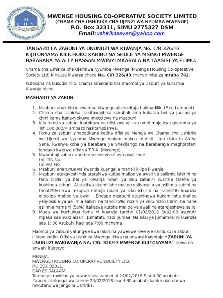 TANGAZO LA ZABUNI YA UNUNUZI WA KIWANJA No. C/R 326/43 KIJITONYAMA ...