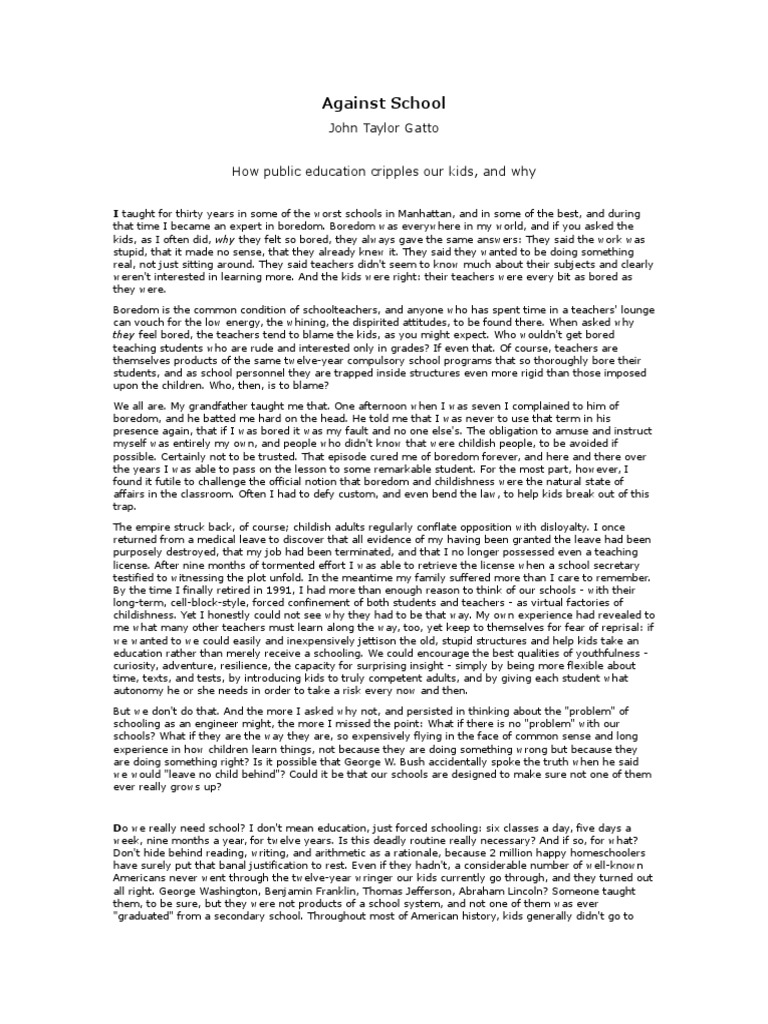 John Taylor Gatto - Against School | PDF | Teachers | Schools