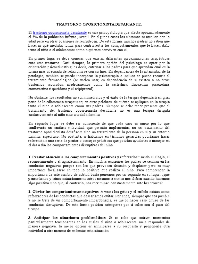 Trastorno Oposicionista Desafiante | Descargar gratis PDF | Comportamiento | Psicoterapia
