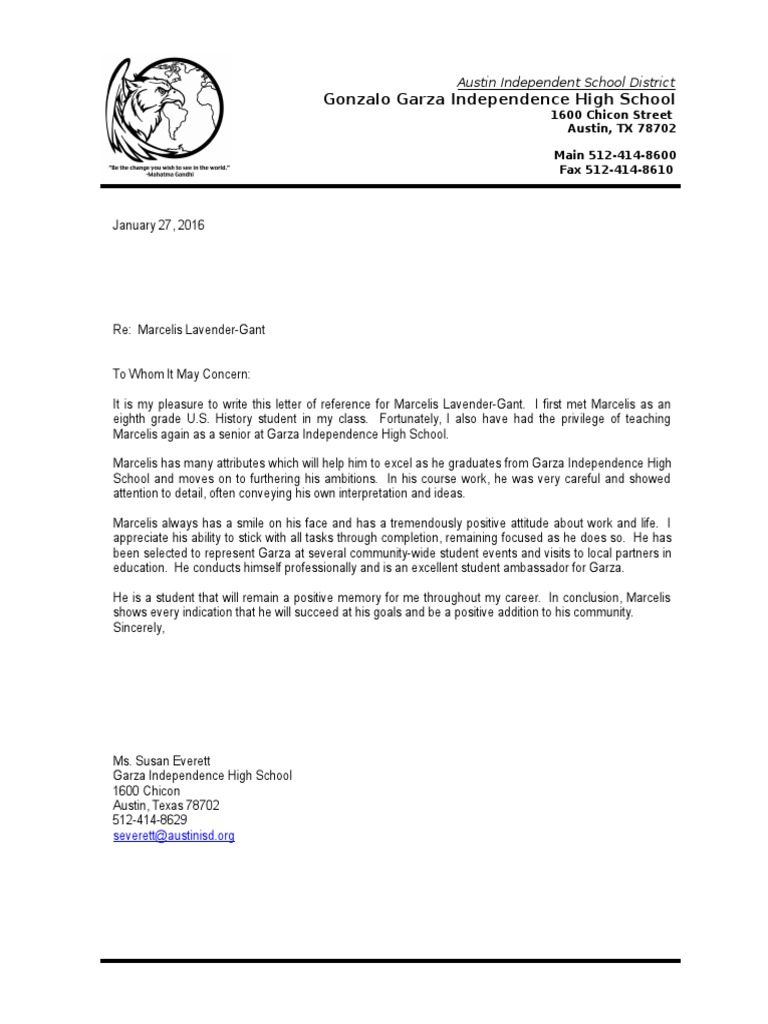 Reference Letter for Marcelis Lavender-Gant | PDF | Social Science ...