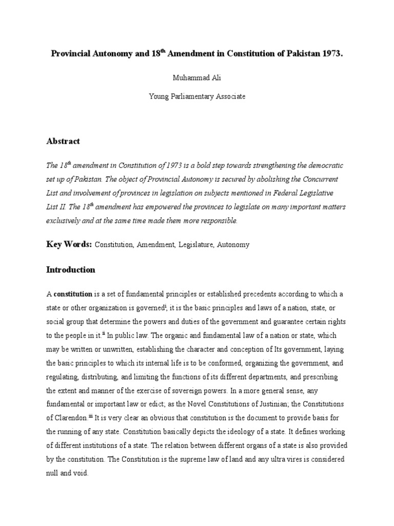Provincial Autonomy and 18th Amendment | PDF | Constitutional Amendment ...
