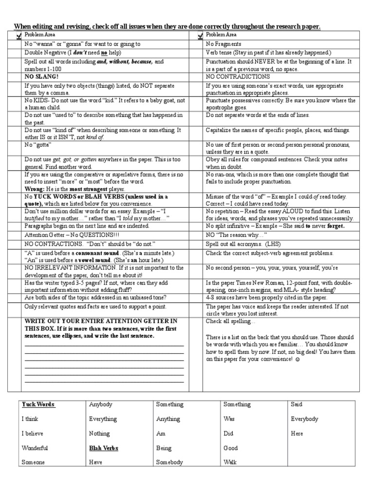 Research Paper revising And Editing Checklist Doc Ellipsis Style