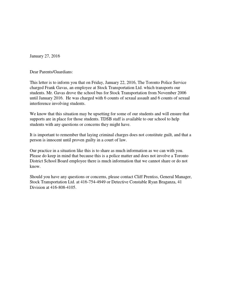 TDSB Letter To Parents Re Frank Gavas | PDF