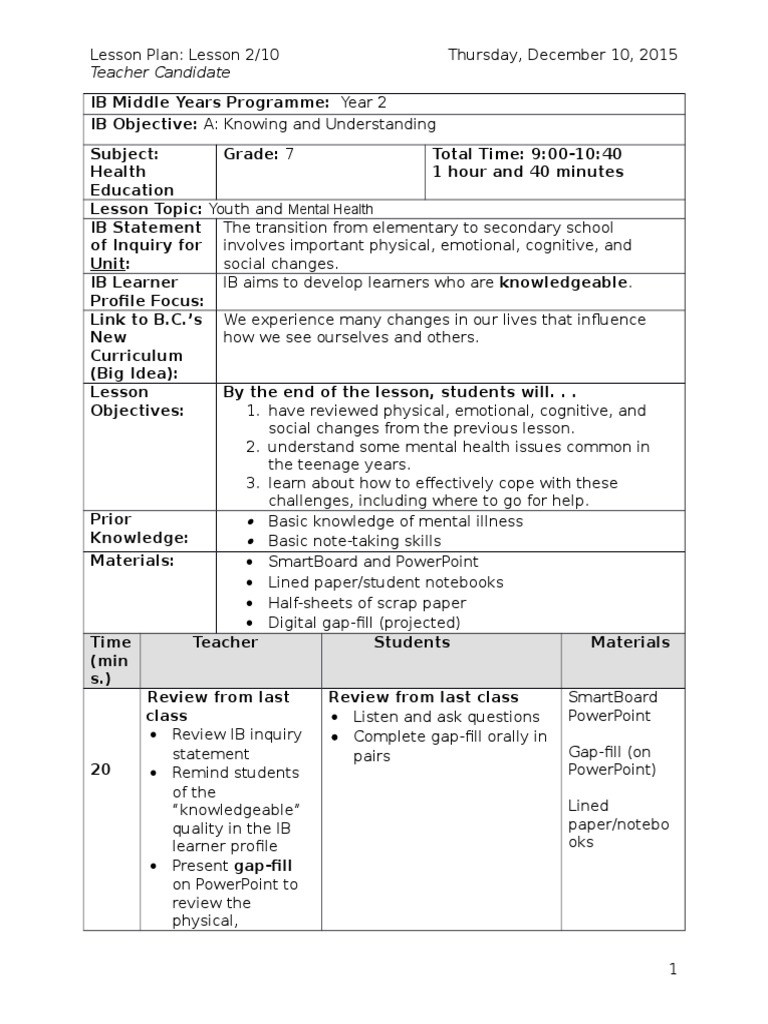 Youth Mental Health Lesson Plan | PDF | Mental Health | Lesson Plan