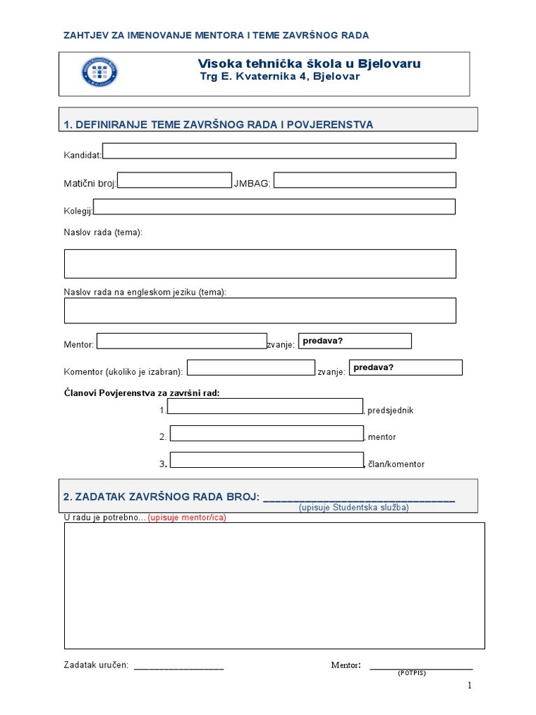 Zahtjev Za Imenovanje Mentora I Teme Završnog Rada-Obrazac | PDF