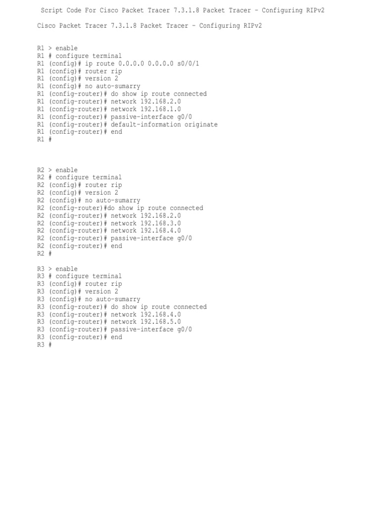 Cisco Packet Tracer 7.3.1.8 Packet Tracer - Configuring RIPv2 | PDF | Router (Computing ...