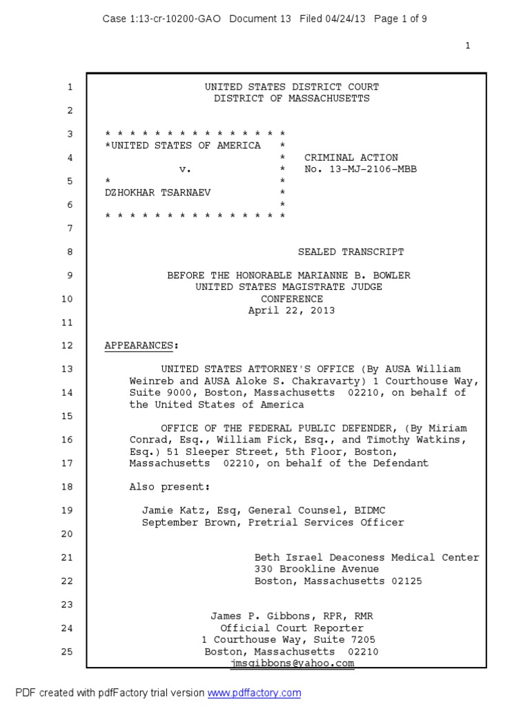 Sealed Transcript: Tsarnaev Court Hearing | PDF | Dzhokhar Tsarnaev ...