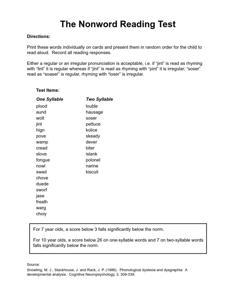 Non Word Test | PDF | Language Arts & Discipline | Foreign Language Studies