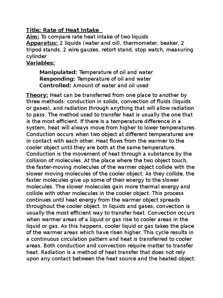 Heat Intake Lab | PDF | Thermal Conduction | Heat