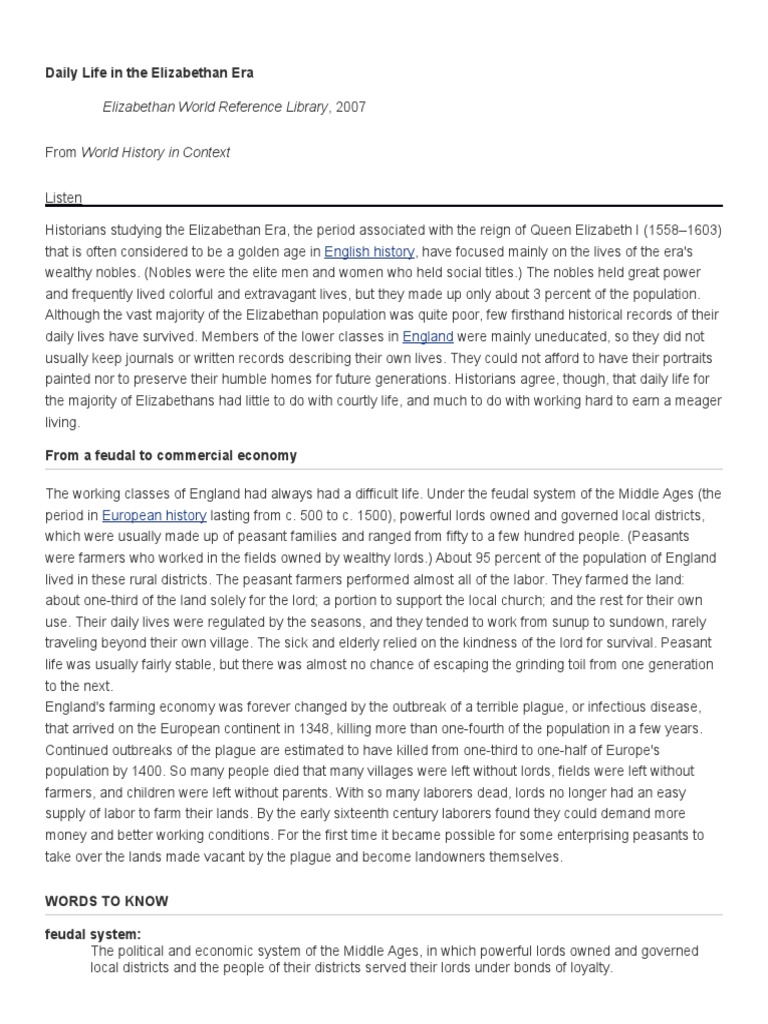 Daily Life in The Elizabethan Era | PDF | Elizabethan Era | Elizabeth I ...