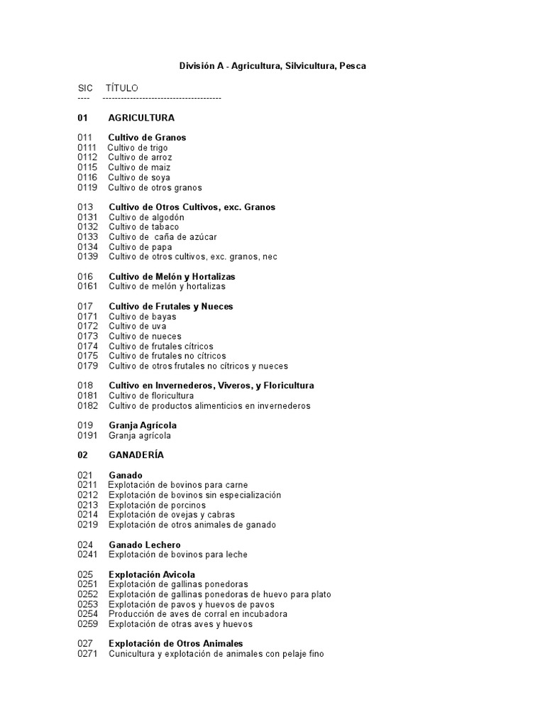 Códigos SIC en Agricultura y Ganadería | PDF | Bancos | Agricultura