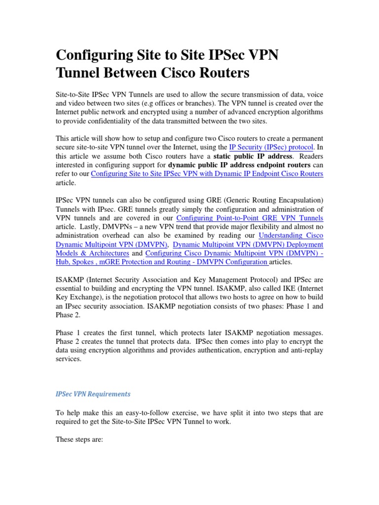 Configuring Site To Site Ipsec Vpn Tunnel Between Cisco Routers Pdf Virtual Private Network