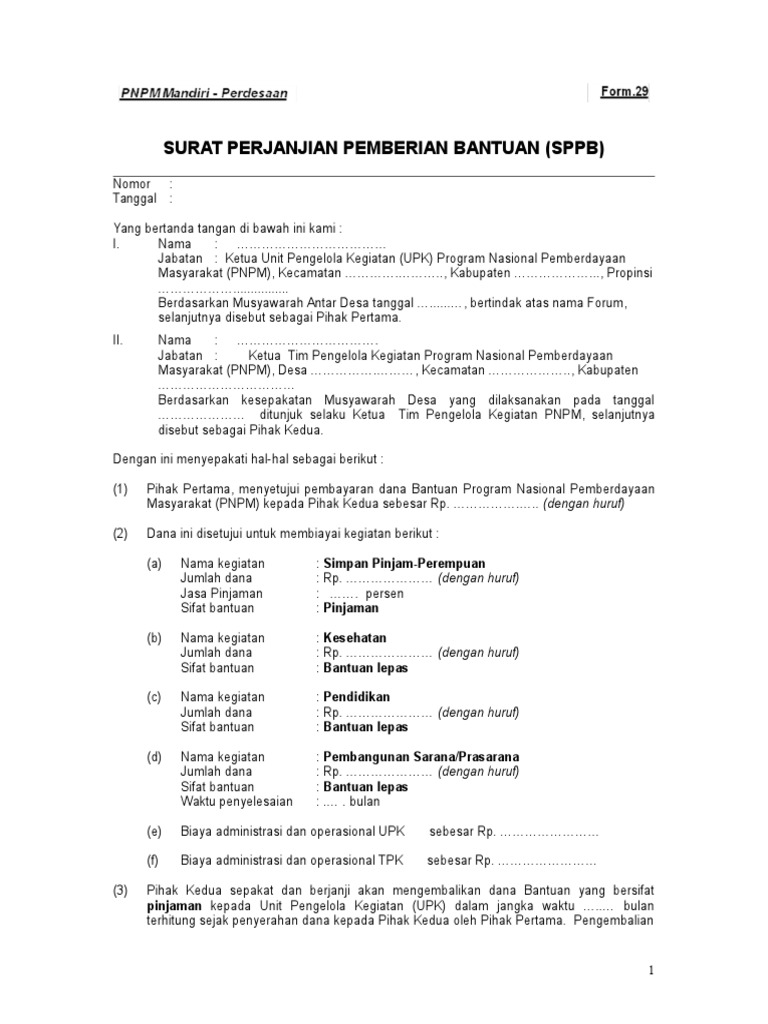 Form - Surat Perjanjian Pemberian Bantuan SPPB | PDF