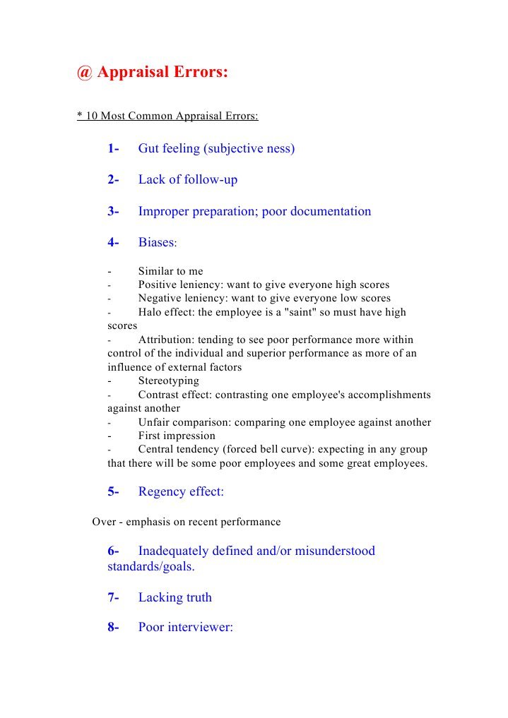 @ Appraisal Errors:: Gut Feeling (Subjective Ness) Lack of Follow-Up ...