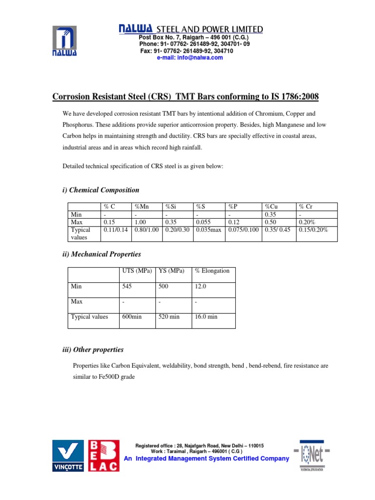 Corrosion Resistant Steel (CRS) TMT Bars Conforming To IS 1786:2008 | PDF | Computers ...