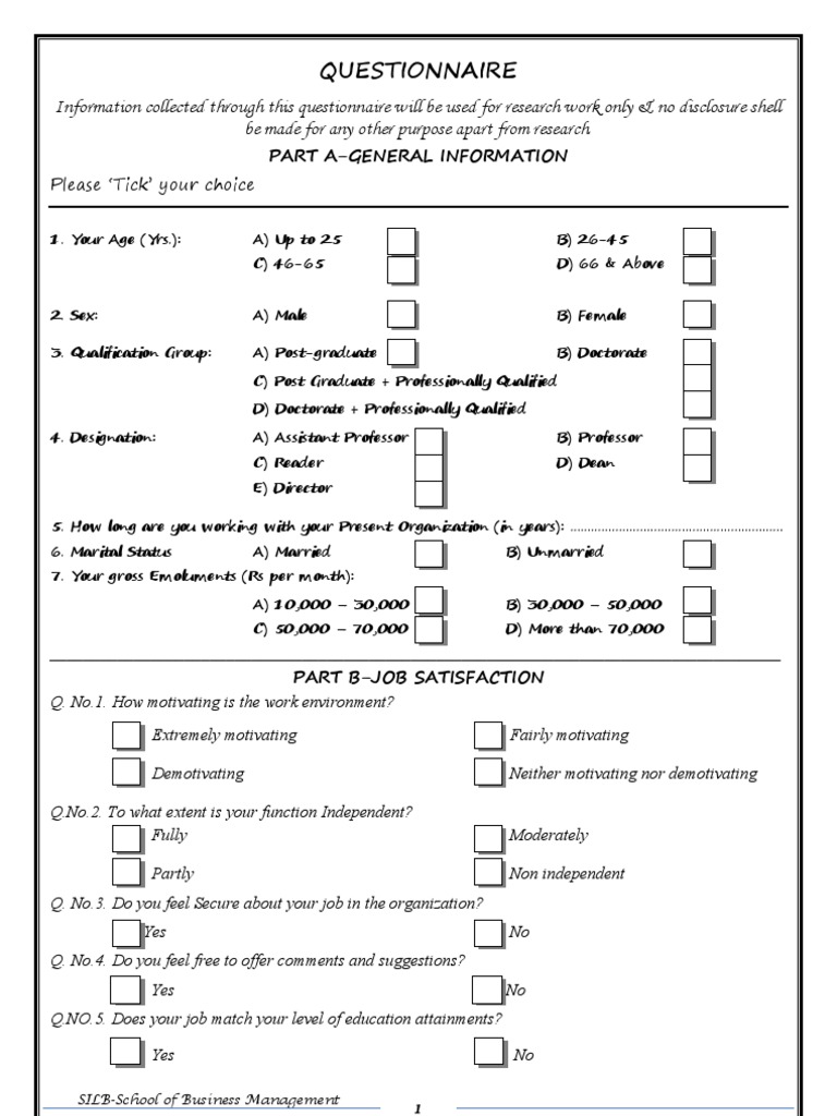 Job Satisfaction Questionnaire Form | PDF | Job Satisfaction | Cognition