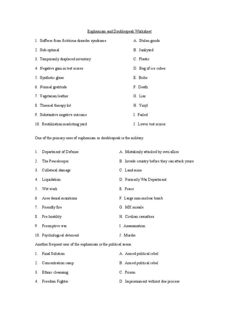 Euphemism and Doublespeak Worksheet | PDF | Law